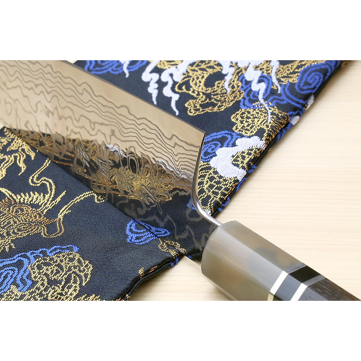 Yoshihiro Hayate ZDP189 Suminagashi Super High Carbon Stainless Steel Kiritsuke Knife Octagonal Ebony Wood Handle with Triple Ring (8.25" (210mm))