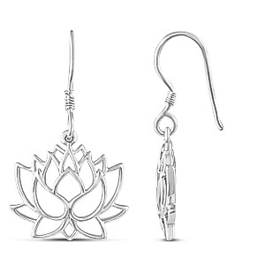 Charm Earrings Hoop set in 925 Sterling Silver for women Open Lotus Flower | Blue Synthetic Sapphire | Tiny Lotus | Circle | Climber Crawler (Open Lotus)