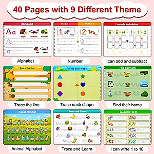 Handwriting Practice Book for kids, 40 Pages Toddlers Preschool Learning Activity Autism Educational Montessori Toys Learn Number Letters Shapes Animal & Sight Words Workbook with 8 Dry Erase Markers