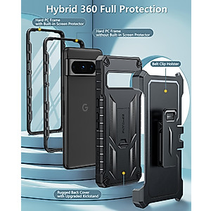 FNTCASE for Google Pixel 8-Pro Case: Shockproof Military Grade Protection Phone Cover with Built-in Kickstand | Drop Proof Hybrid Matte Textured Protective Cell Shell - Black 6.7 Inch