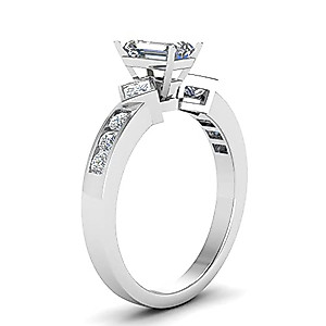 JewelryGift Three Stone Diamond Ring Sterling Silver Created Cubic Zircon Emerald Shape White Color Side Stone Engagement Rings Prong Setting in Size 11 Handcraft Chakra Healing