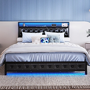 EvaStar Home Queen Bed Frame with 4 Storage Drawers, Charging Station and LED Lights, Upholstered Headboard with Storage Shelves, Heavy Duty Metal Slats, Noise Free, Easy Assembly, Black