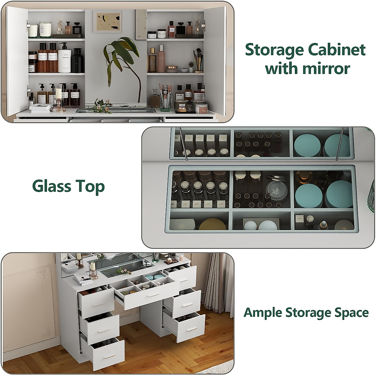 Makeup Vanity Desk with Large Mirror, 46" Modern Vanity Table with Wide Cabinet Mirrors, White Vanity with Tempered Glass Top & 7 Drawers. Makeup Table with adjustable shelf for bedroom(White)