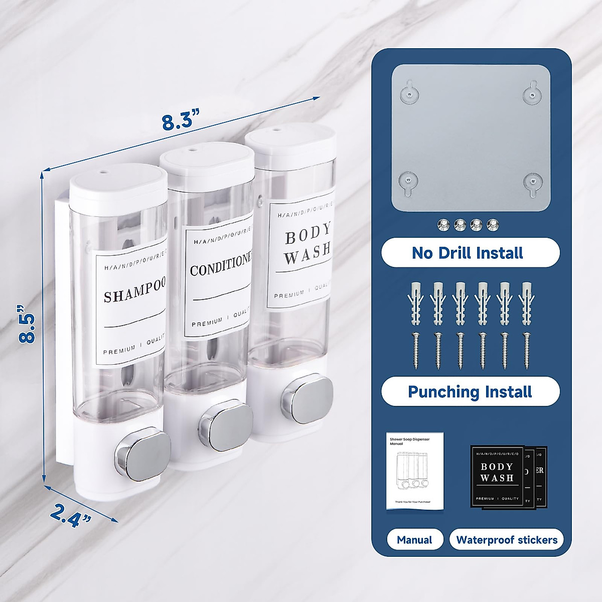 Shower Soap Dispenser Wall Mounted No Drill Shampoo Dispenser for Shower Wall Shampoo and Conditioner Dispenser Bathroom Hotel 3 * 300ml White with Labels