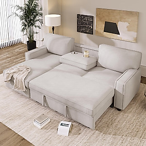 kevinplus 89'' Sectional Sofa Couch L-Shaped with Storage Chaise Lounge for Living Room, Modern 3-Seat Sleeper Sofa Couch with Pull-Out Bed, Cupholder & USB Port, Polyester Fabric, Beige