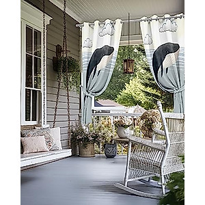 Waterproof Outdoor Curtains for Patio, Cartoon Whale Under the Sea and Clouds Weatherproof Privacy Outdoor Drapes, Grommet Top Outside Curtains for Gazebo Porch Pergola Cabana, 52x108 Inch