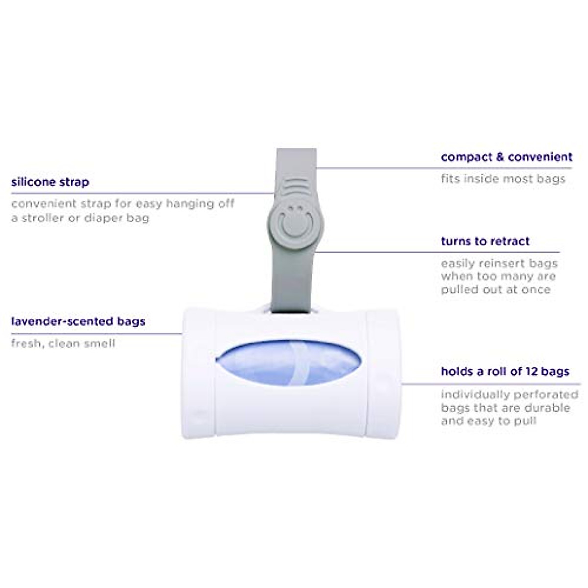 Ubbi Retractable On the Go Bag Dispenser for Baby Travel, Diaper Bag Accessory Must Have for Newborn, Helpful Baby Item, Baby Gift, Lavender Scented, White