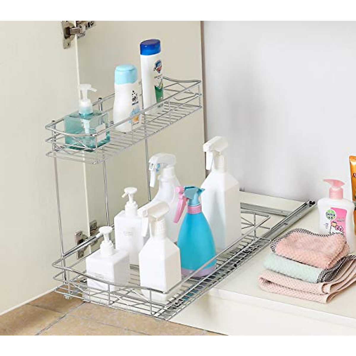 TQVAI Pull Out Under Sink Cabinet Organizer 2 Tier Slide Wire Shelf Basket - 11.49W x 17D x 14H - Request at Least 12 inch Cabinet Opening