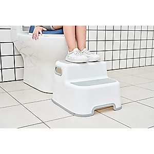 UNCLE WU Kid-Friendly Step Stool - Lightweight and Easy to Clean - Bathroom Safety Sturdy Bottom as Toilet Stool/Dual Height & Wide Two Step Stool for Toddler/Adult (Gray White) 2 Pack