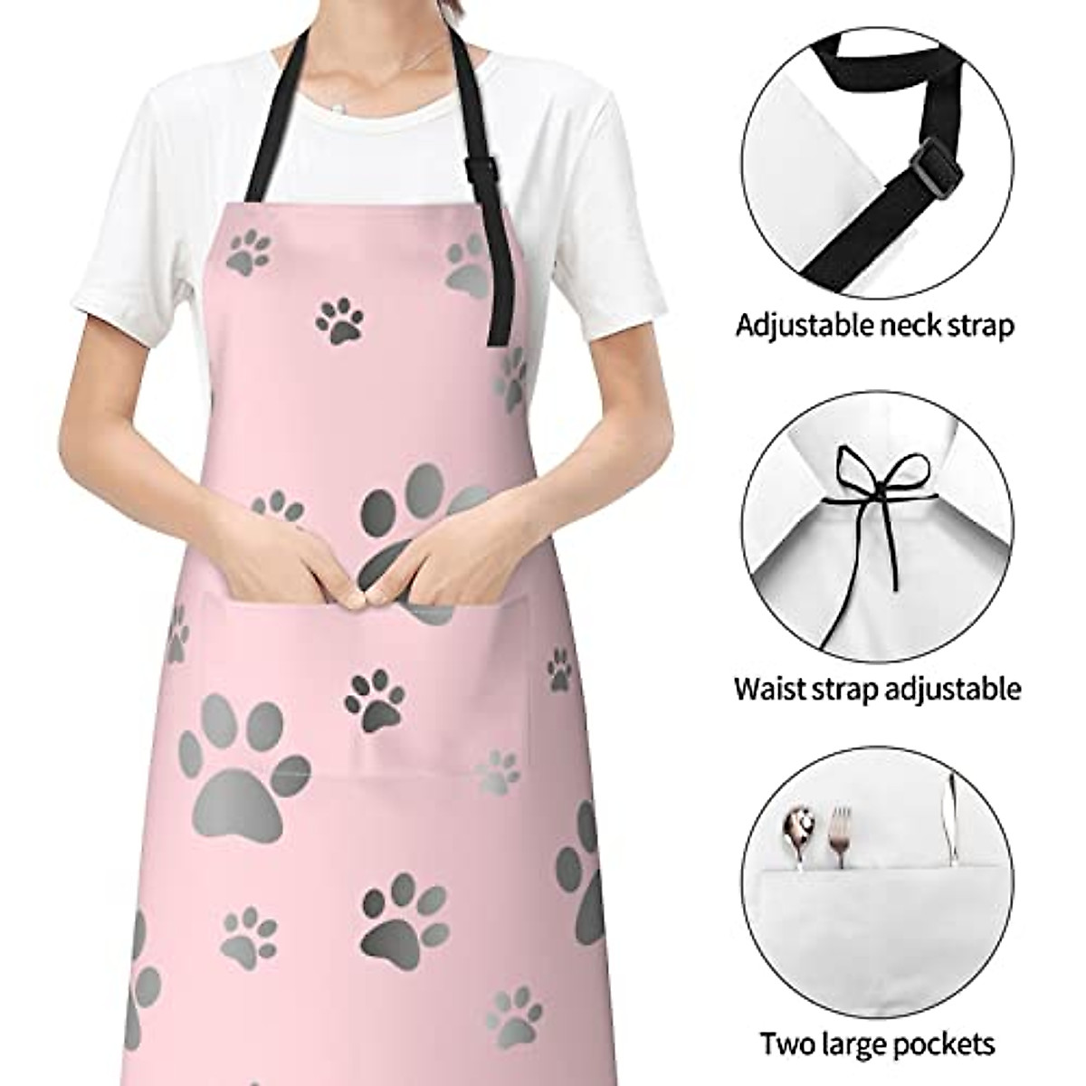 Perinsto Cute Dog Paws Pink Waterproof Apron With 2 Pockets Kitchen Chef Aprons Bibs For Cooking Baking Painting Gardening Grooming