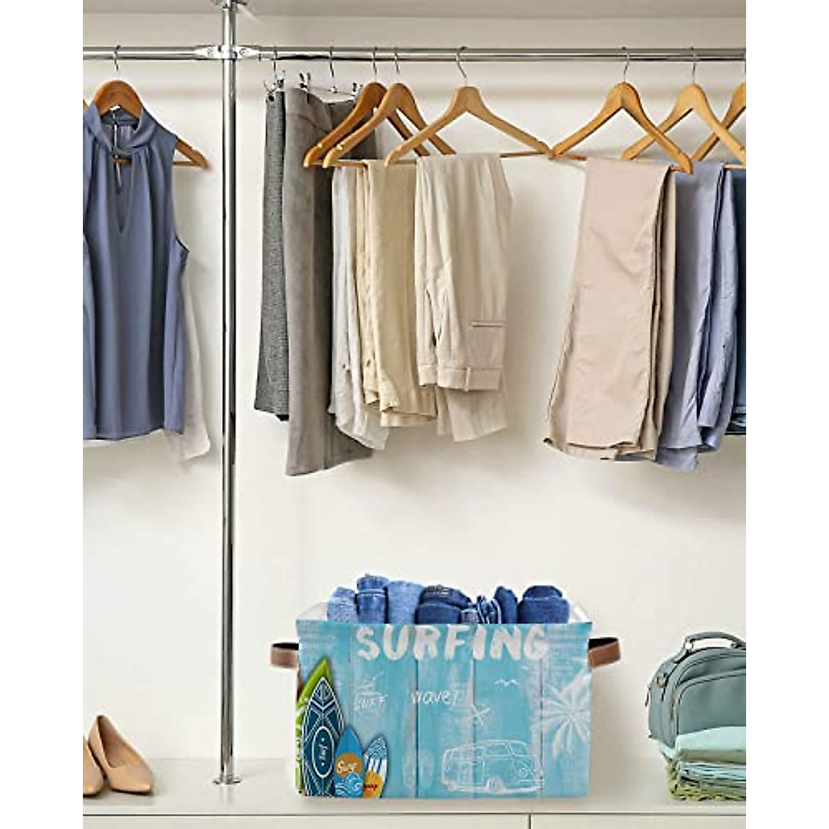 Storage Basket Summer Surfing Storage Bins Decorative Surfboard Tropical Palm Leaf Wood Grain Foldable Baskets for Toys Decorative Baskets for Closet Nursery