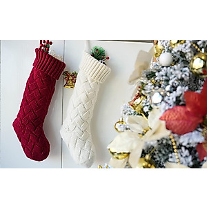 ROSFORU Knit Christmas Stockings, 4 Pack Large Size Candy Gift Bag Personalized Decoration Weave Xmas Socks, Classic Style（2Pcs Ivory White+ 2Pcs Burgundy）