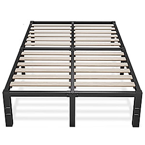 ROIL 14 inch Queen Size Bed Frame with Wood Slats - 3500lbs Heavy Duty No Box Spring Needed Platform, Mattress Stoppers Double Metal Noise Free Bedframe with Headboard Hole Underneath Storage
