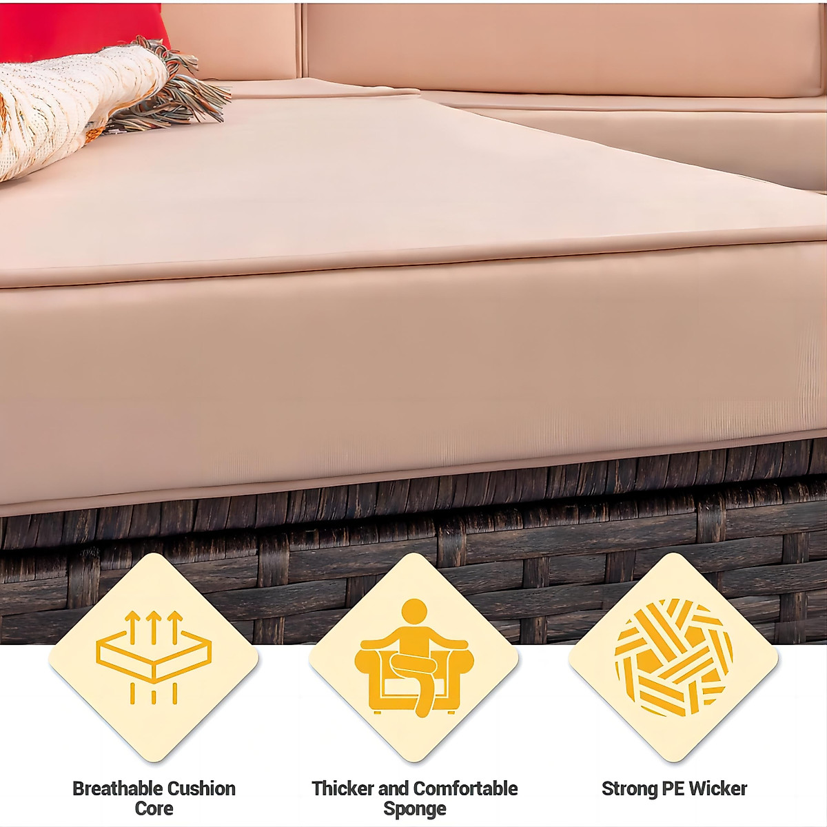 Greesum Patio Furniture Sets 6 Piece Outdoor Wicker Rattan Sectional Sofa with Cushions, Pillows & Glass Table, Beige