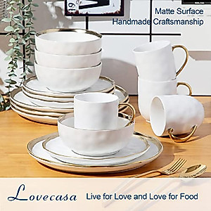 LOVECASA Stoneware Dish Set for 4, Handmade Plates and Bowls Sets, 16 PCS White and Gold Dinnerware Sets, Dishwasher Safe