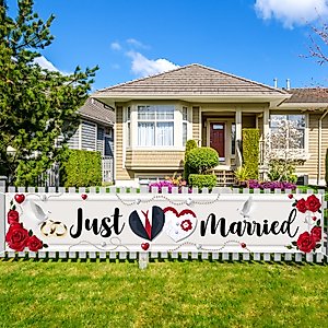 Labakita Large Just Married Banner, Wedding Ceremony Front Yard Banner Sign, Wedding Banner for Outside/Inside, Honeymoon Bridal Shower Wedding Party Decoration Supplies
