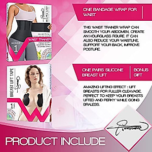 Waist Trainer Wrap Plus Size - Adjust Your Snatch Bandage Wrap Tummy Sweat Wraps - Waist Trainer For Women | Belly Body Shaper Compression Wrap | Gym Accessories Black | Bonus Gift Breast Lift Tape