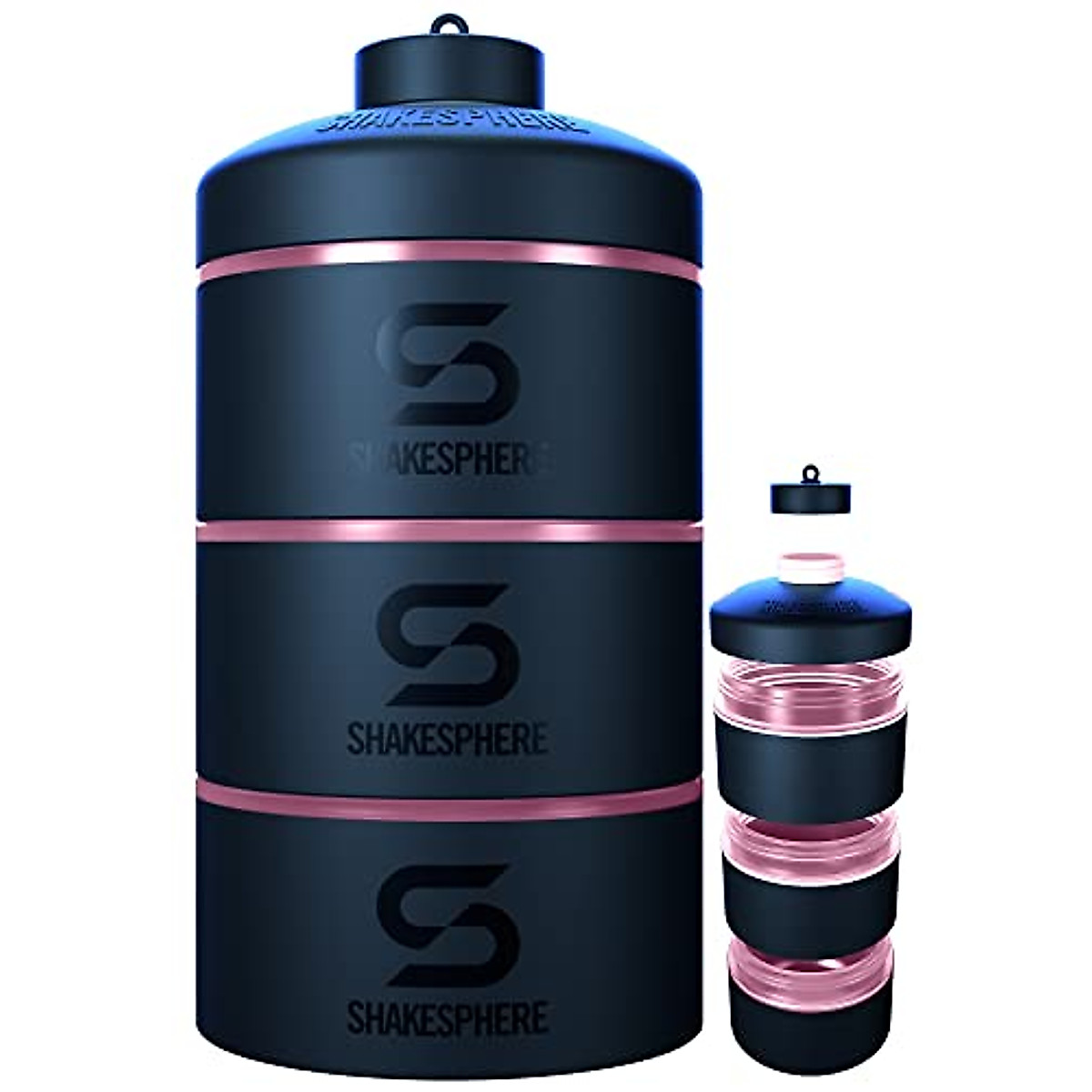 ShakeSphere Stackable Snack Containers - Organizer Carrier for Food, Protein Powders, Nuts & Supplements - 3 Leakproof, Twist Lock Holders - Portable Storage for Lunch, Office, Gym, Travel (Rose Gold)