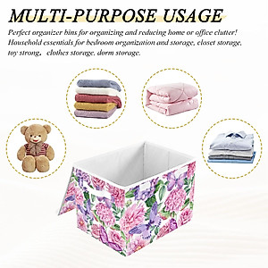 MFTJYO Storage Bin with Lid Purple Hydrangea Pink Roses Foldable Storage Box Washable Fabric Storage Cubes Bin Organizer Basket Closet for Home Bedroom Closet Nursery Office