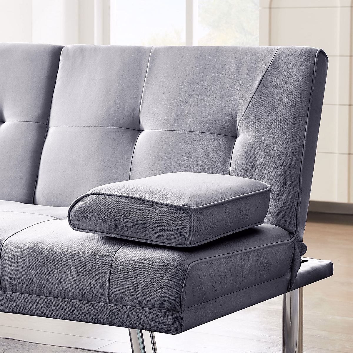 Verfur Convertible Futon Bed with Cupholders,Modern Upholstered Loveseat Sleeper, Folding Lounge Recliner Comfy Sofa & Couches with Removable Soft Armrest for Small Places, Gray