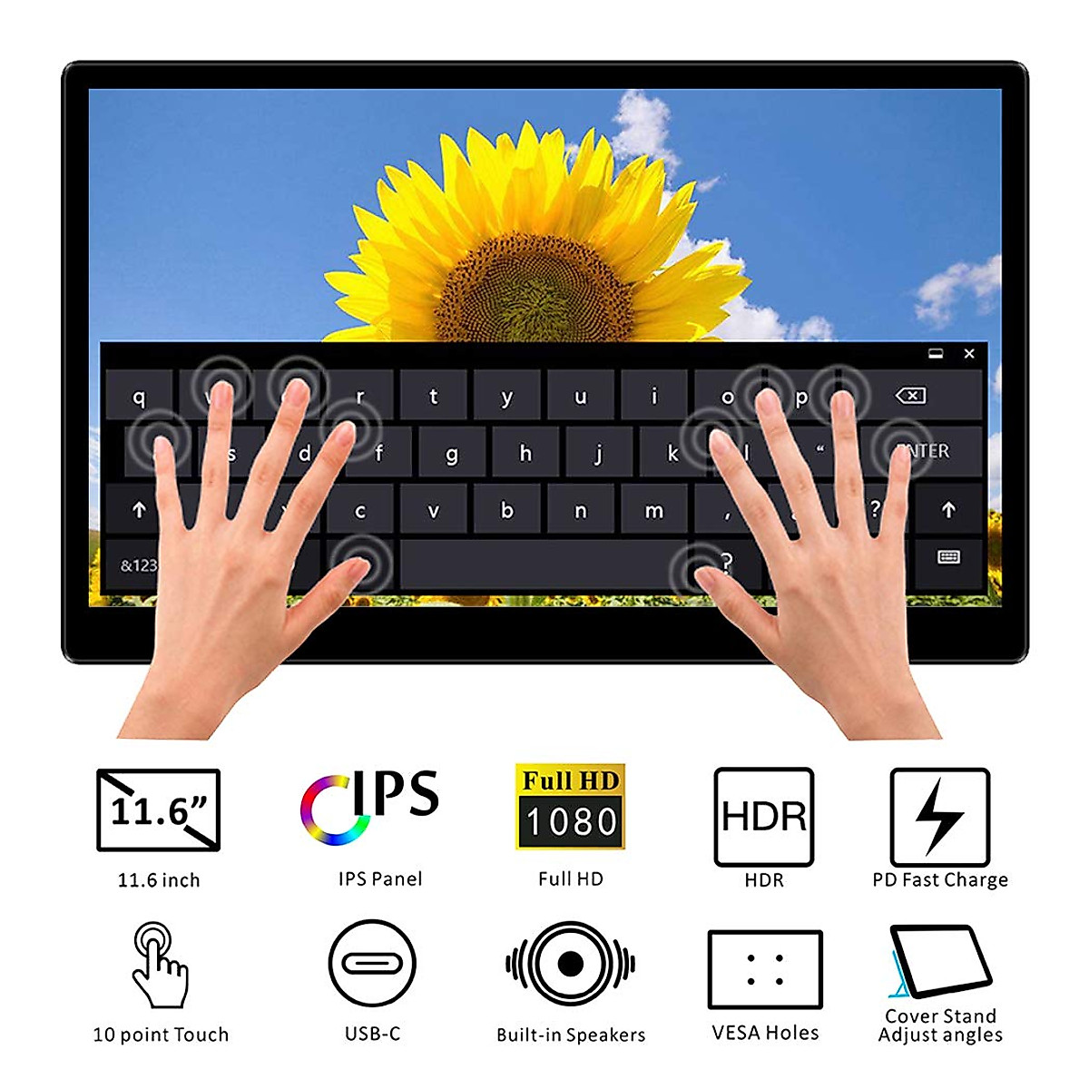 USB Touchscreen Portable Monitor,11.6" 1080P FHD IPS Display,USB C/HDMI Video Input, HDR,Ultra Slim,Bulit in Speakers, Aluminum Bezel with Angle Ddjustable Stand