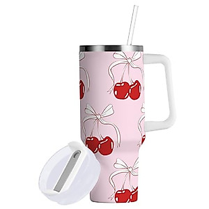 OTVEE 30oz Cherry Bow Tie Ribbon Tumbler with Handle and Straw, Double Wall Vacuum Reusable Stainless Steel Insulated Water Bottle Travel Mug Cup for Hot and Cold Drinks