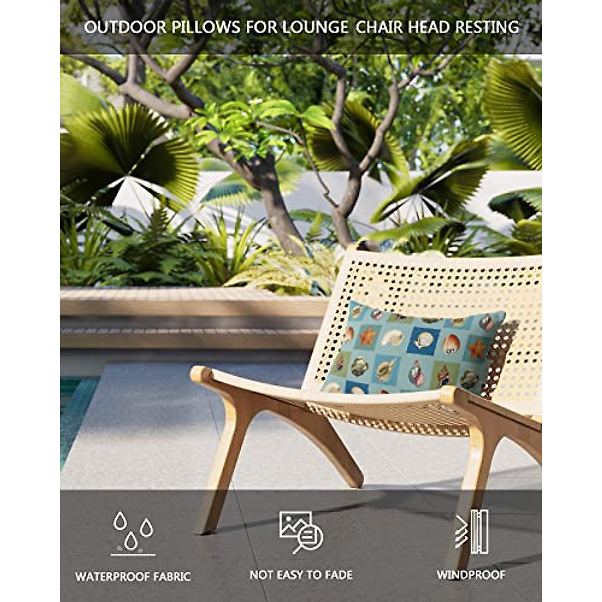 Recliner Head Pillow Ledge Loungers Chair Pillows with Insert Vintage Seashell Conch Starfish Patch Texture Lumbar Pillow with Adjustable Strap Outdoor Waterproof Patio Pillows for Beach Pool, 2 PCS