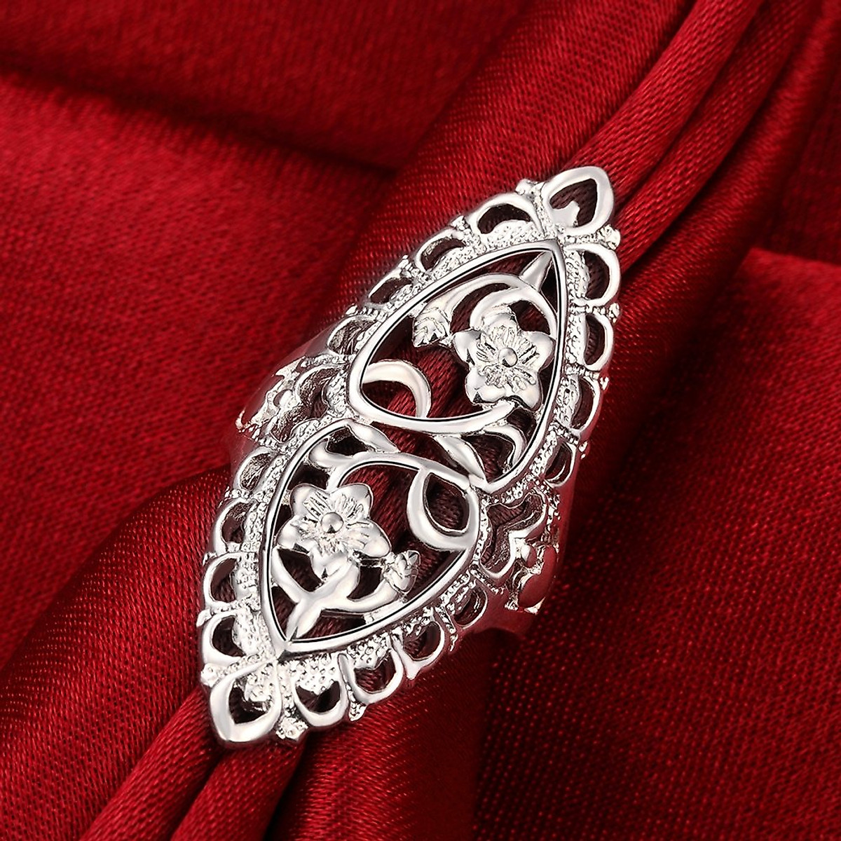 QOBEBOTA Elegant Size 9 Sterling Silver Plated Statement Rings Hollow Carved Flower Full Finger Ring Wide Band Birthday Gifts Chunky Silver Thumb Rings Cocktail Rings for Women