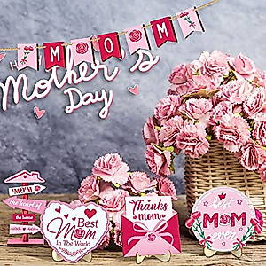 16 Pcs Mother's Day Heart Tiered Tray Decor Happy Mother's Day Wooden Sign Gnome Truck Mom Letters Wooden Decor Mothers Day Table Decorations for Mother's Gift Party Supplies (Heart Style)