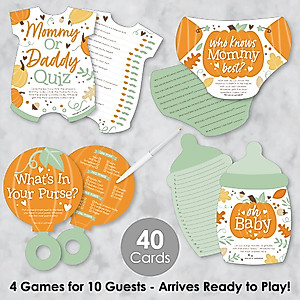 Big Dot of Happiness Little Pumpkin Decorations, 4 Fall Baby Shower Games, 10 Cards Each - Who Knows Mommy Best, Mommy or Daddy Quiz, What’s in Your Purse and Oh Baby - Gamerific Bundle