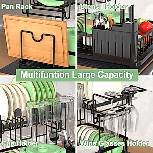 Loftiage Dish Drying Rack and Drainboard Set, Large Dish Racks for Kitchen Counter, 2 Tier Dish Strainers, Black Dish Drainer with Utensils, Pot, Knives, Cutting Board Holders and Drying Mat