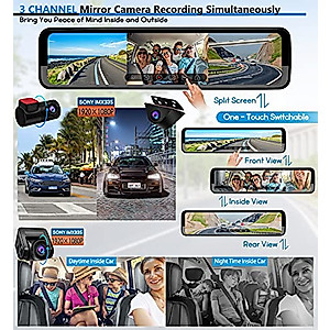 PORMIDO Triple Mirror Dash Cam 12" with Detached Front and in-Car Camera,Waterproof Backup Rear View Dashcam Anti Glare 1296P IPS Touch Screen with Sony Sensor,Starvis Night Vision,GPS,Parking Assist