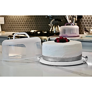 Top Shelf Elements Round Cake Carrier Two Sided Cake Holder Serves as Five Section Serving Tray, Portable Cake Stand Fits 10 inch Cake, Cake Box Comes with Handle, Cake Container Holds Pies (White)