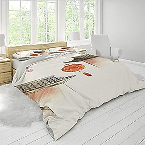 HOBBOY Chinese Style Beige Bedding Sets Lucky Red Lantern Pattern Duvet Cover with Zipper Closure 4 Corner Ties 2 Pillow Shams No Sheets Full