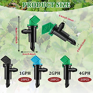 HOINCO 60 Pieces Drip Emitter, 3 Sizes Garden Flag Irrigation Dripper Emitter, Trees and Shrubs, Per Hour1 GPH, 2 GPH, 4 GPH