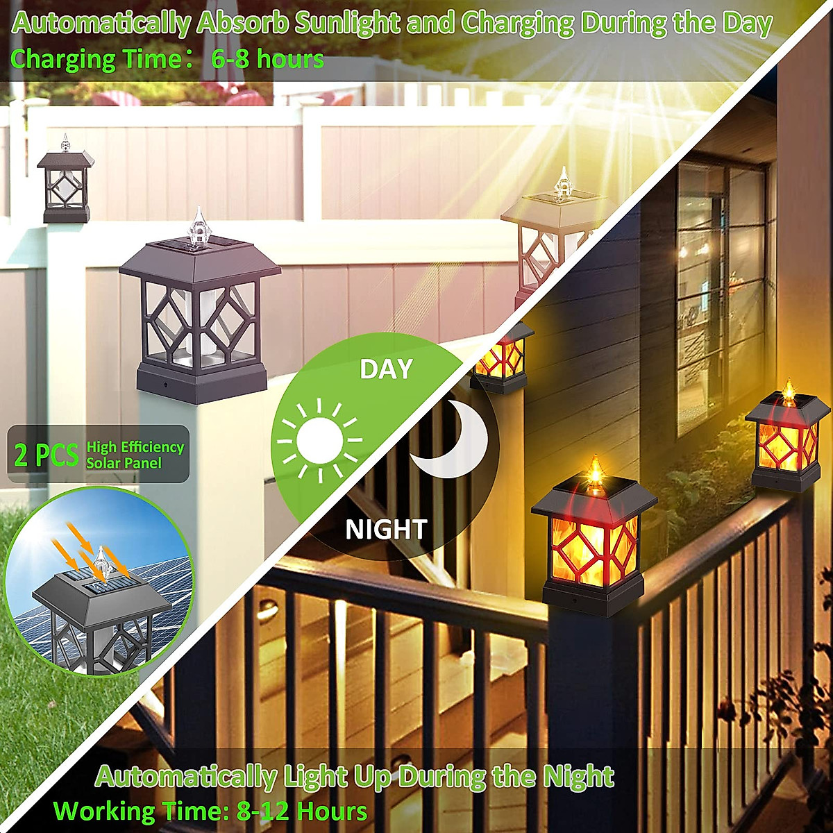 Solar Post Deck Flame Light,Outdoor Dual-Floor Waterproof Solar Post Cap LED Light,4x4 5x5 6x6 3.5X3.5 Fence Post Top Outside Flickering Light Dusk to Dawn for Garden