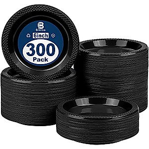 Breroa 300 Pieces Black Plastic Plates 6 Inch Disposable Round Dessert Plates Heavy Duty Appetizer Dinner Party Plates for Events Buffet Wedding Baby Shower Graduation Birthday Party Supplies