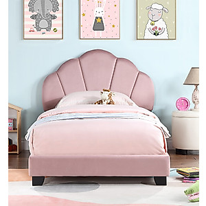 Gustonhon Upholstered Twin Size Platform Bed for Kids,Twin Bed Frame with Slatted Bed Base and Playful Headboard for Teens Girls,No Boxing Spring Needed (Pink)