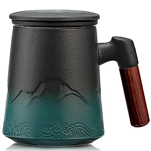 suyika Tea Cup with Infuser and Lid, 15.2 Ounce Wood Handle Ceramic Loose Leaf Tea Mug,Embossed Tea Steeping Mug for Gifts, Gradient Black&Green 450ml