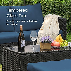 Green4ever 6 Pieces Patio Furniture Sets, All-Weather Outdoor Sectional Sofa Wicker Rattan Couch Modern Conversation Set with Coffee Table and Blue Cushion for Backyard, Garden