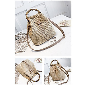 QZUnique Straw Bucket Bags for Women Top Handle Drawstring Woven Handbag Shoulder Bag Summer Beach Purses with Bamboo Handle