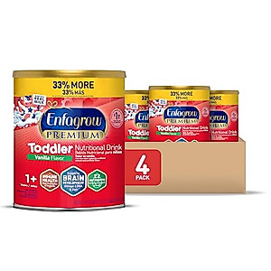 Enfagrow Premium Toddler Nutritional Drink, Vanilla Flavor, Omega-3 DHA for Brain Support, Prebiotics & Vitamins for Immune Health, Powder Can, 32 Oz, Pack of 4