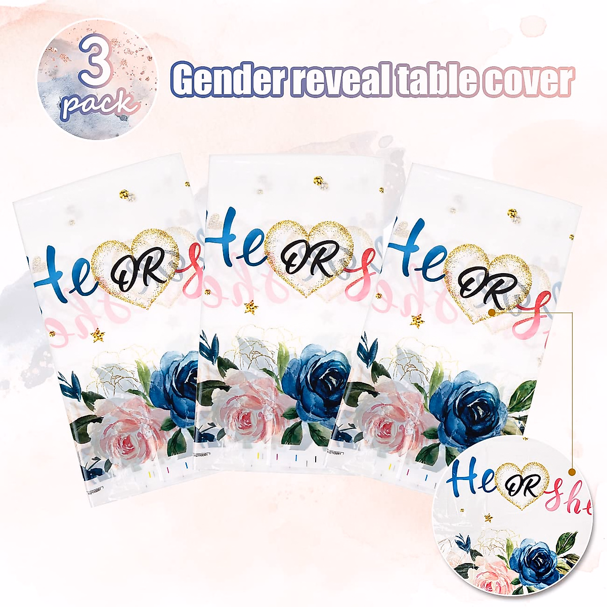 ssailue decor 3Pack Gender Reveal Plastic He or She Tablecloths,Navy and Blush Table Cover 70’’×40’’ for Boy or Girl Baby Shower Gender Reveal Party Decorations