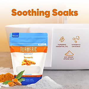 Turmeric Bath Salt 32 Oz Epsom Salt with Essential Oils Turmeric, Cinnamon, Orange Plus Vitamin C in BPA-Free Pouch with Easy Press-Lock Zipper | Natural Bath Soak to Relieve & Soothe | Made in USA