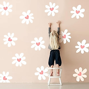 12 Sheets Daisy Wall Stickers Peel and Stick Pink Heart Decals for Room Decor Large Boho White Flower Wallpaper Decal for Kids Girls Nursery Furniture Dresser Bedroom Playroom Living Room Walls Window