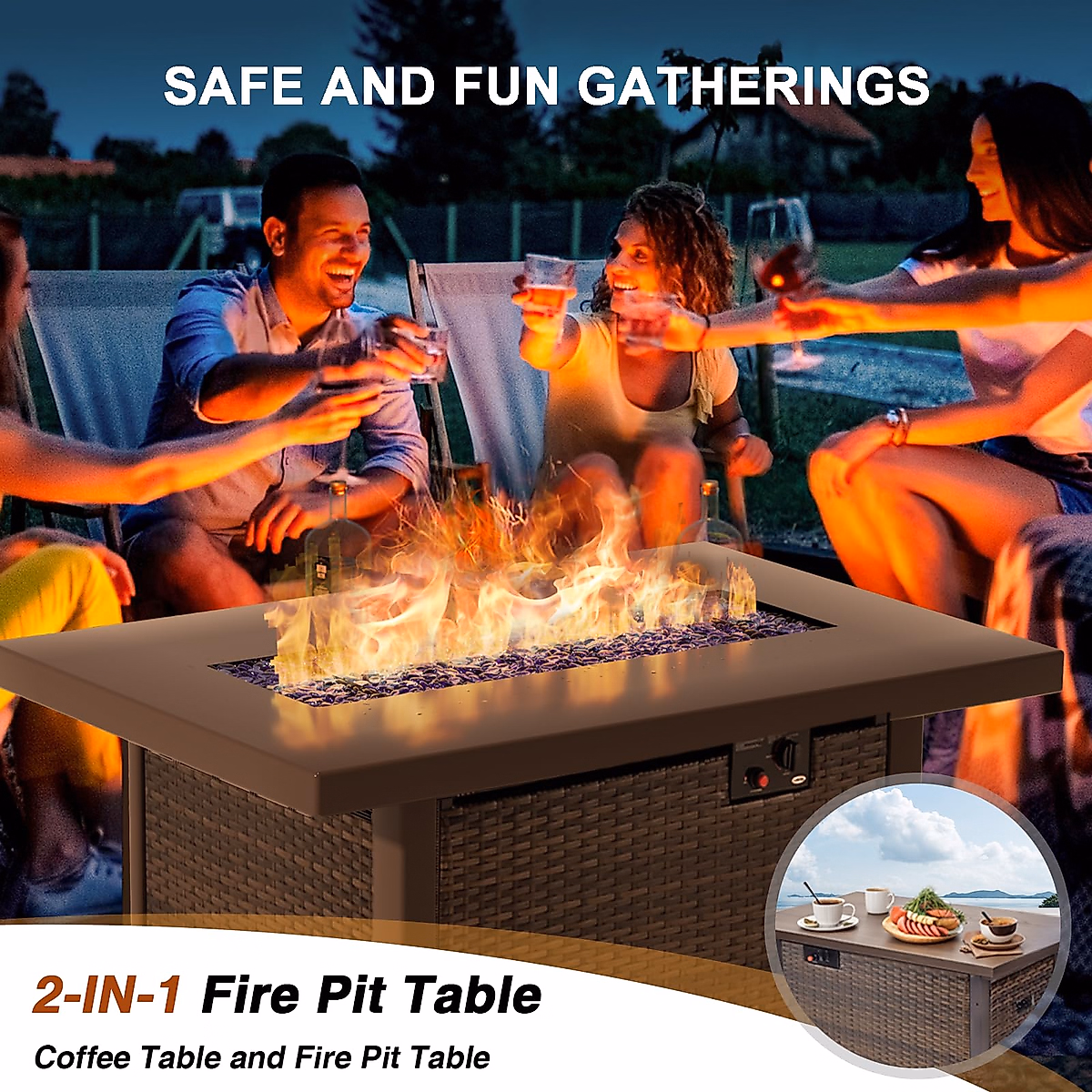 Outdoor Patio Furniture Set with Fire Pit Table, 13 Pieces Outdoor Furniture Set Patio Sectional Sofa w/42in Propane Fire Pit, PE Wicker Rattan Patio Conversation Sets - Beige