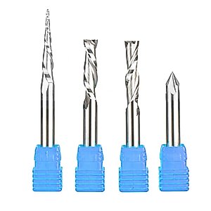 Sinoprotools 1/4 Shank CNC Router Bits Carving Set, CNC Wood Router Bits, CNC Router Kit End Mills,V Groove Engraving Router Bit, Cabinet Making Tools-4 Pcs