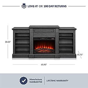 Della Electric Faux Fireplace TV Stand Heater, Entertainment Center with Built-In Bookshelves and Cabinets, Remote Control and Enhanced Log Display - Gray