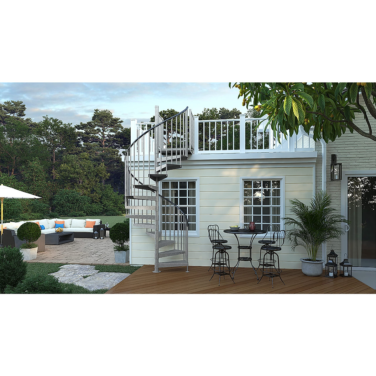 Mylen STAIRS Reroute Galvanized Exterior 60in Diameter, Fits Height 136in - 152in, 2 36in Tall Platform Rails Spiral Stair Kit