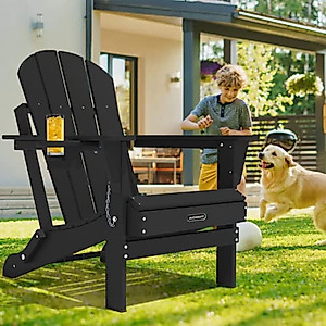 MUCHENGHY Folding Adirondack Chairs, Patio Chairs, Fire Pit Chairs, Outdoor Chairs, Plastic Adirondack Chairs, Lawn Chairs Weather Resistant with Cup Holder for Deck, Backyard, Garden(Black)